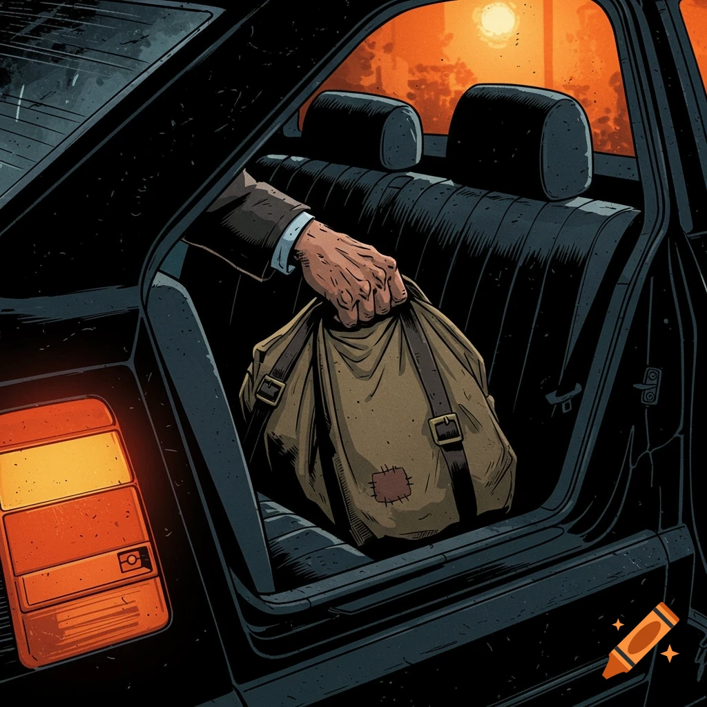 Comic panel close up of hand grabbing a bag from a car backseat on Craiyon