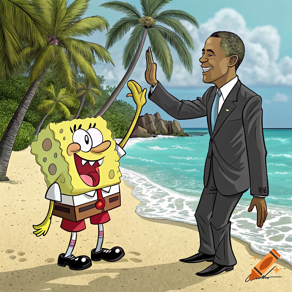 Spongebob Squarepants high fiving Obama in Hawaii on Craiyon