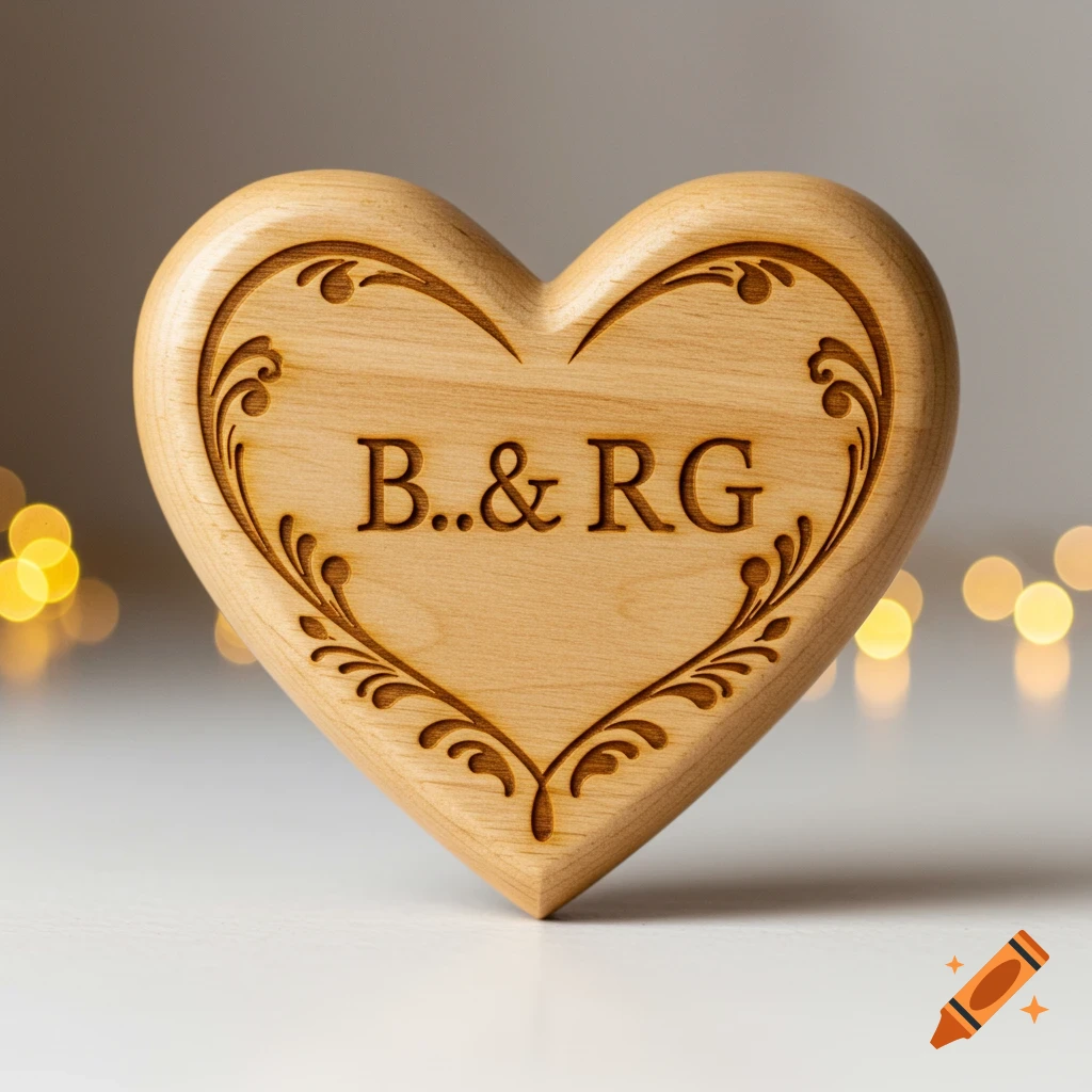 Wooden heart engraved with B.G and R.G initials, wedding theme on Craiyon