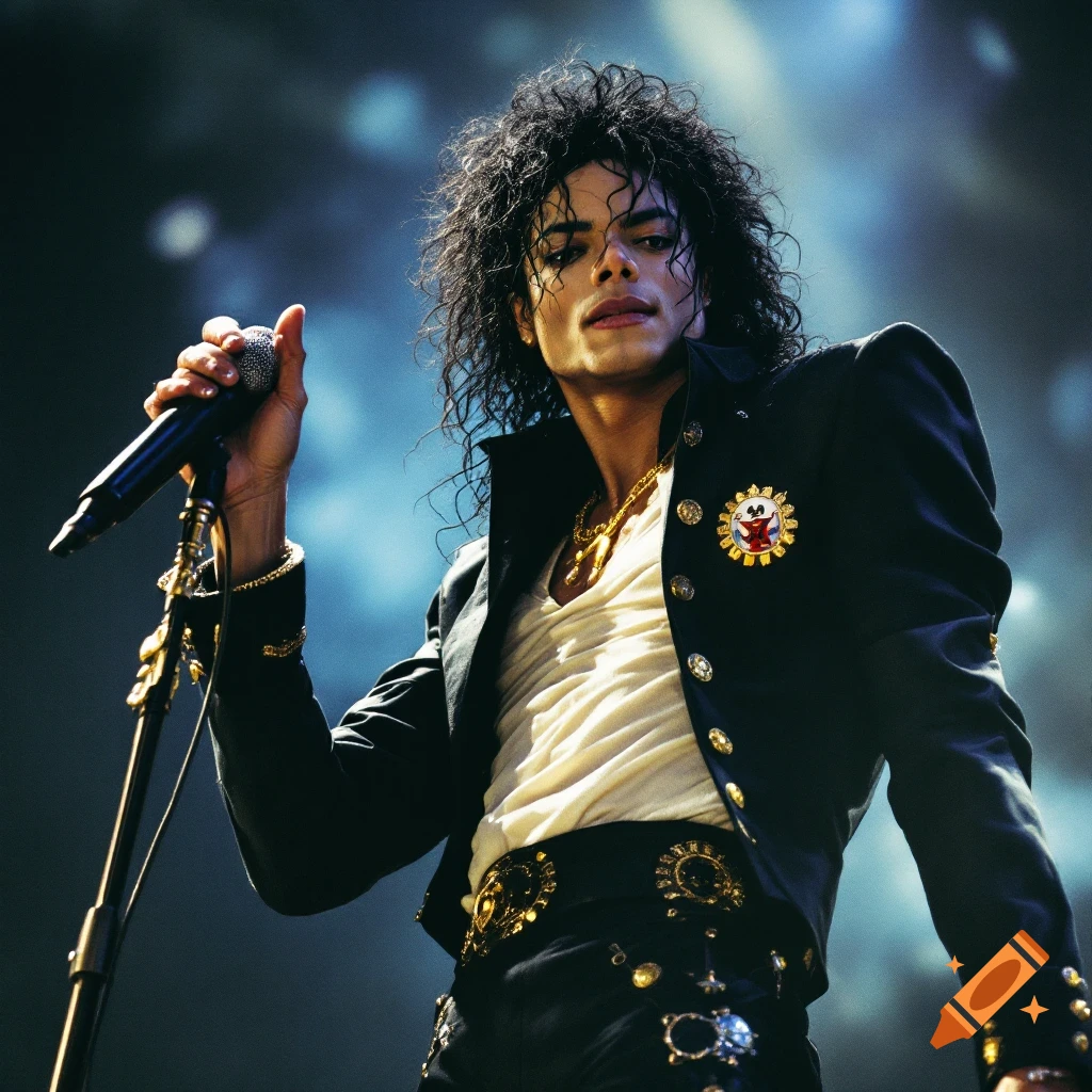 Michael Jackson performing on stage with a microphone, wearing a black ...