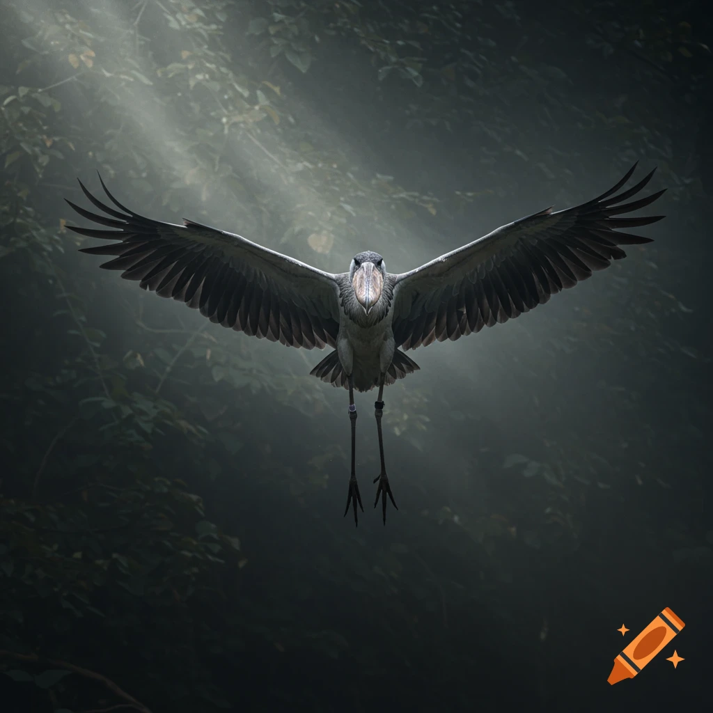 Shoebill stork in flight, foggy forest on Craiyon