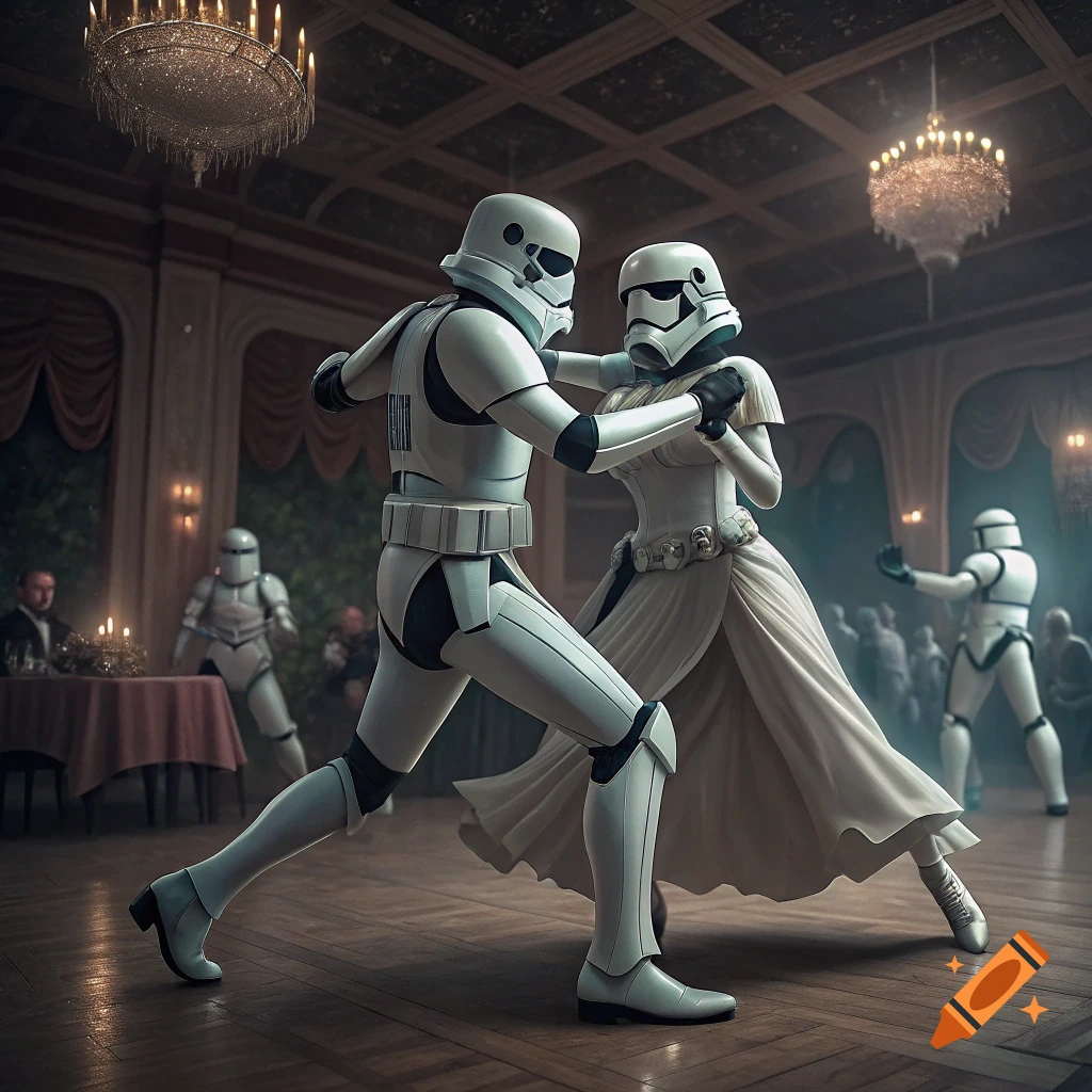Two Stormtroopers dance in a large ballroom while others watch. on Craiyon