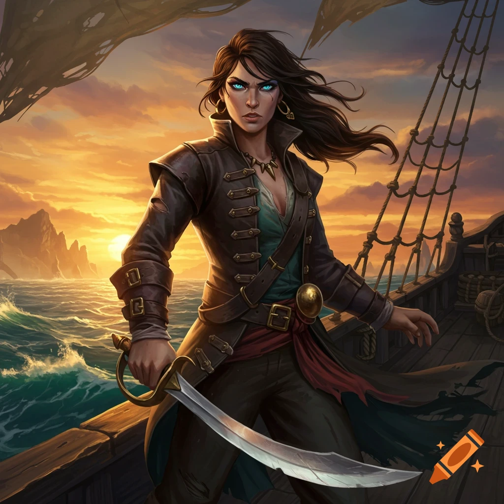 Female pirate with curly orange hair and purple eyes holds a sword and ...