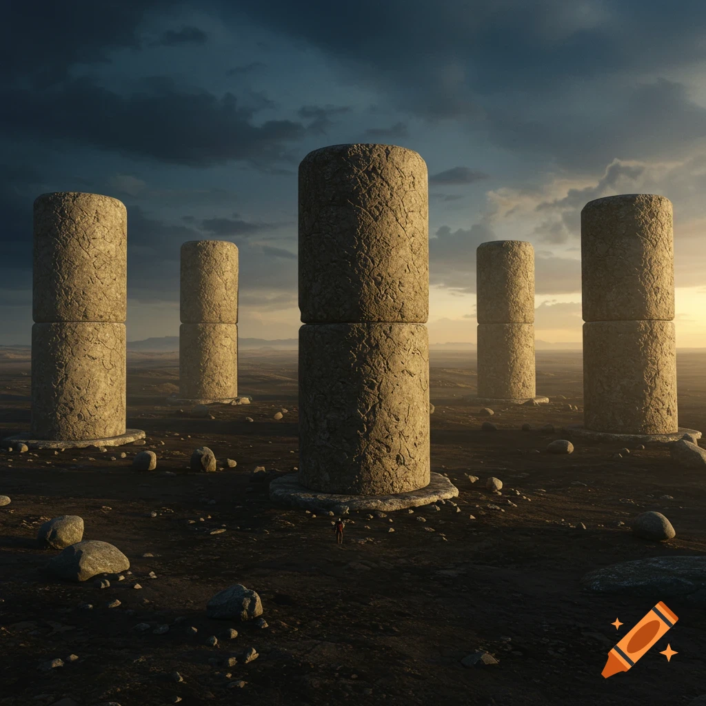 Seven gigantic round stone pillars in a circle on Craiyon