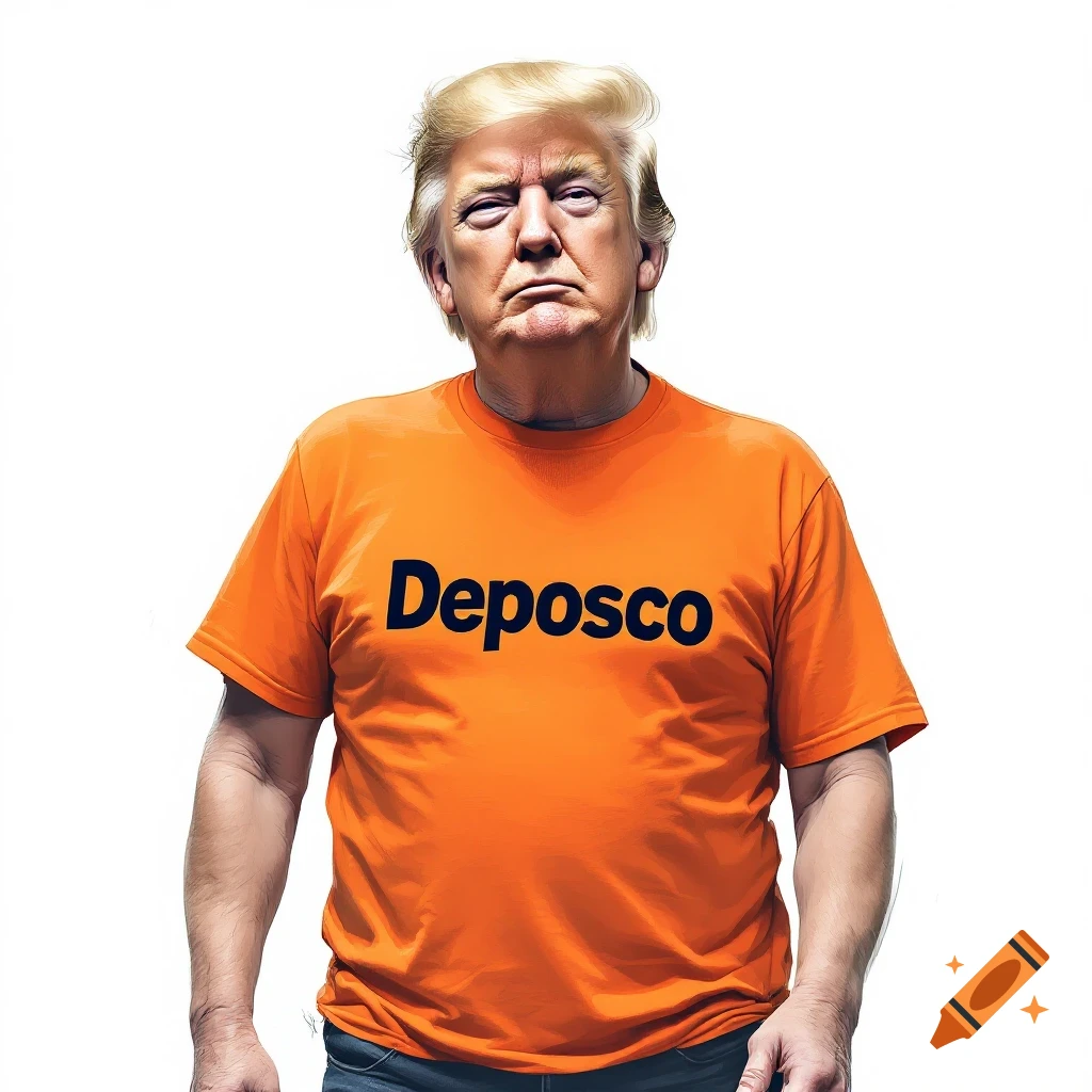 Donald Trump wearing an orange t-shirt with the text Deposco on Craiyon