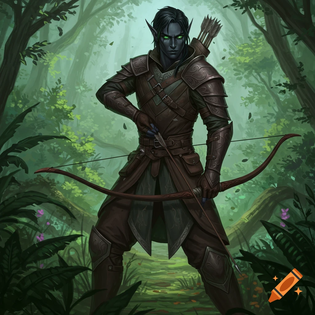 Black-haired half-elf ranger with bow in leather armor on Craiyon