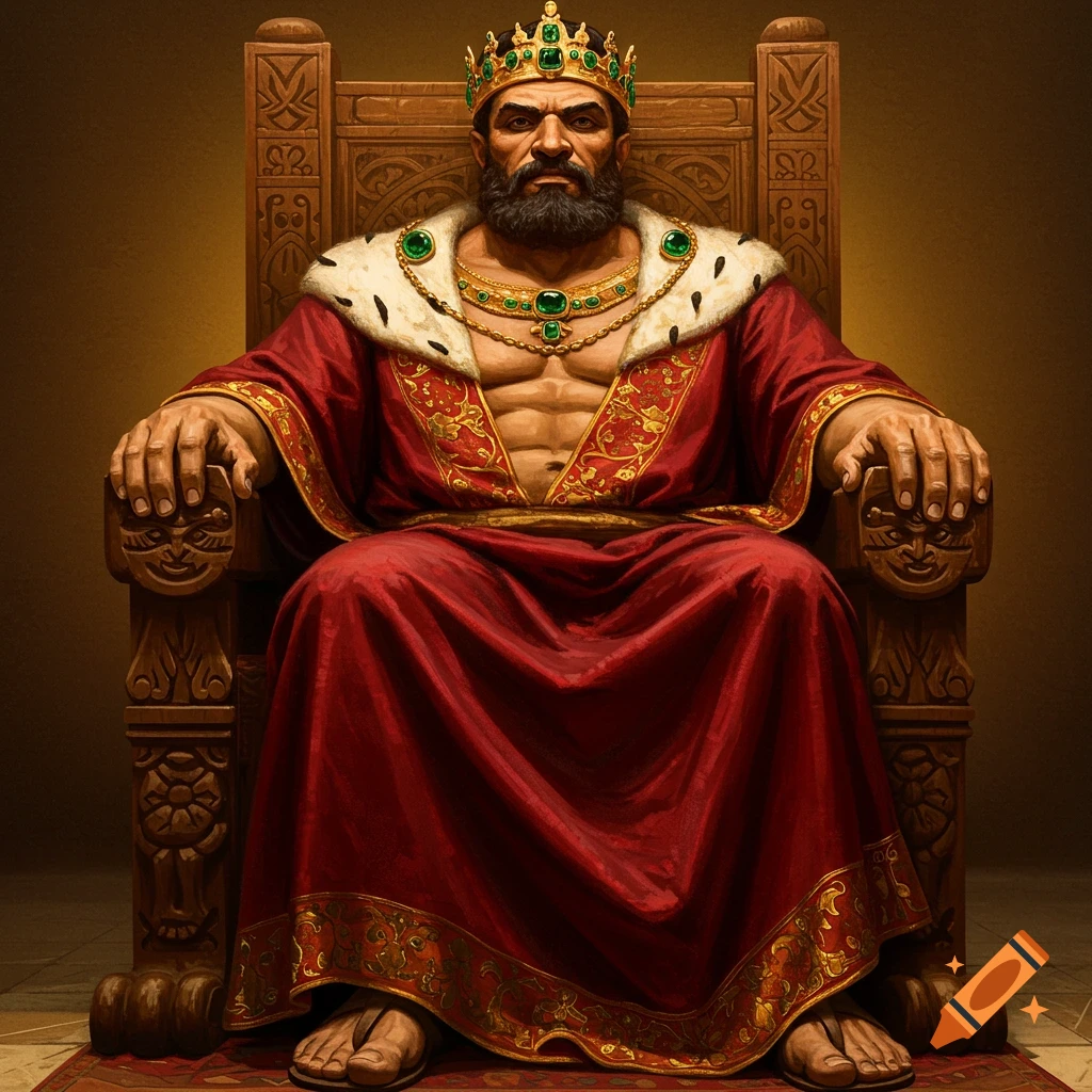 Oil painting of a goliath in a red robe and golden crown sitting in a ...