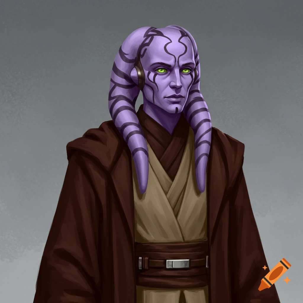 Portrait of a lavender-skinned Twi'lek alien with green eyes and ...