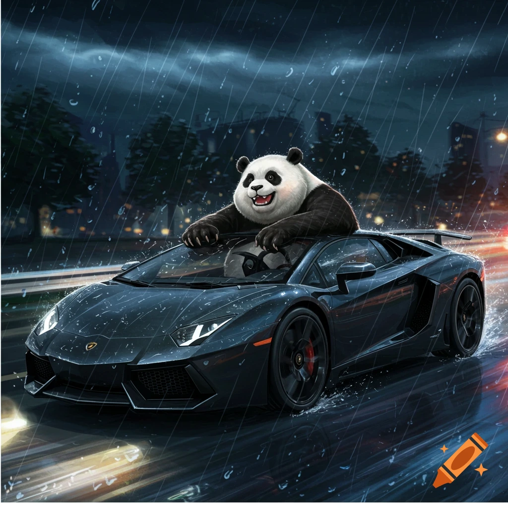 Panda bear joyriding a Lamborghini in the rain on Craiyon