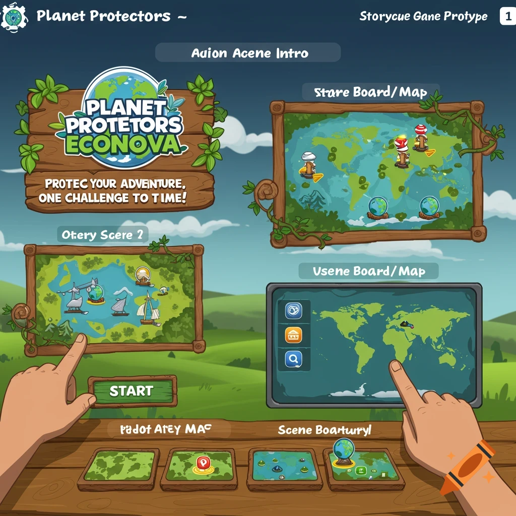 Planet Protectors EcoNova game prototype storyboard on Craiyon