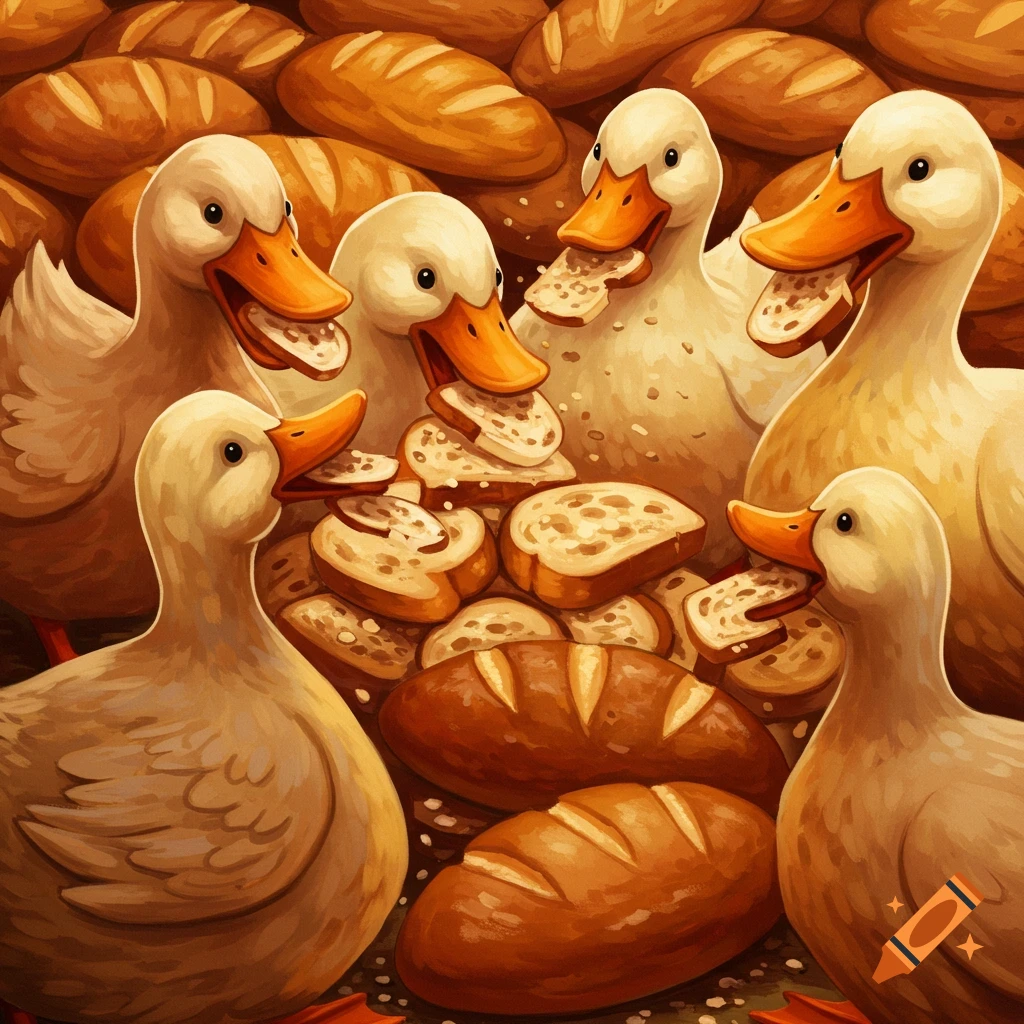 Fat ducks eating bread on Craiyon