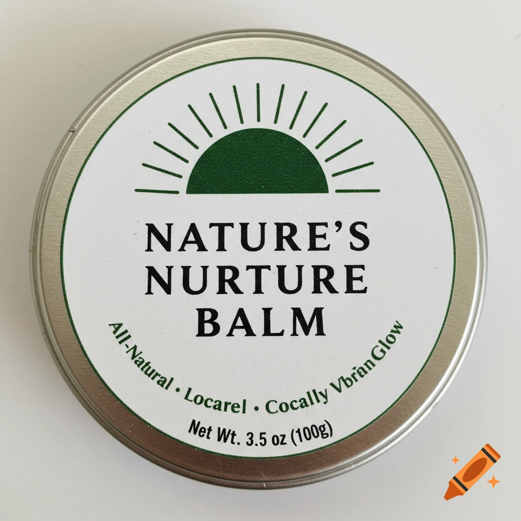 Nature's Nurture Balm label with leaf and sun logo on Craiyon