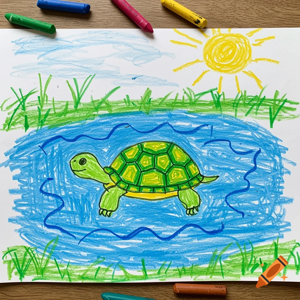 A child's crayon drawing of a green and yellow turtle in a pond under a ...