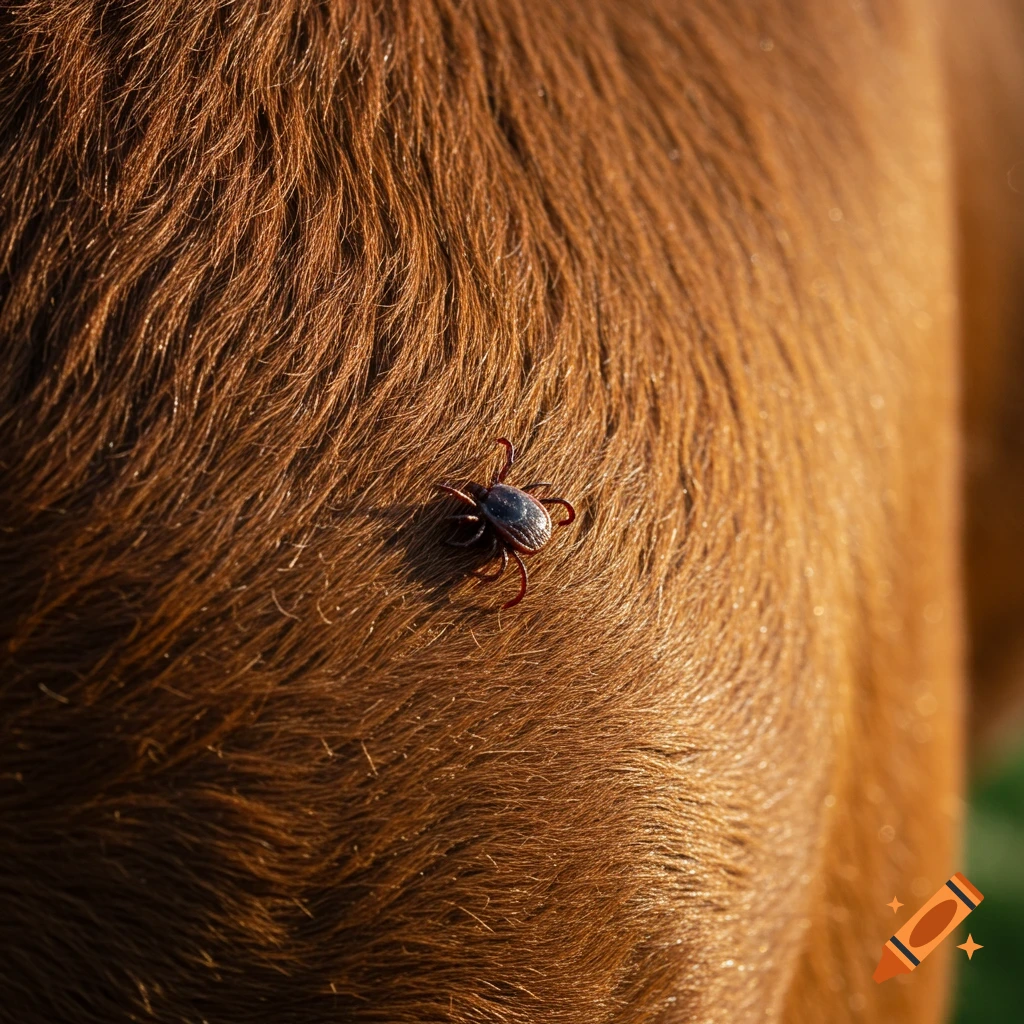 Close-up photo of a tick on brown animal fur. on Craiyon