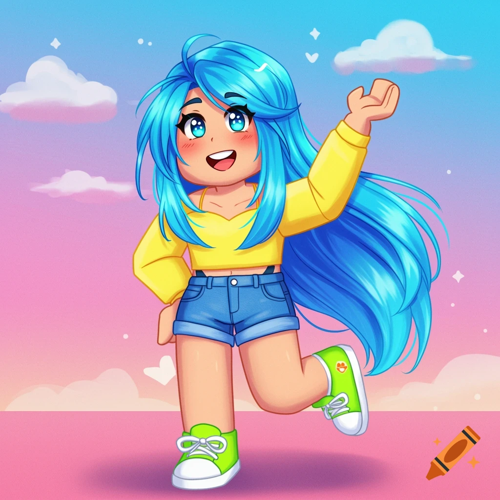 A cartoon Roblox avatar girl with blue hair and a yellow shirt smiles ...