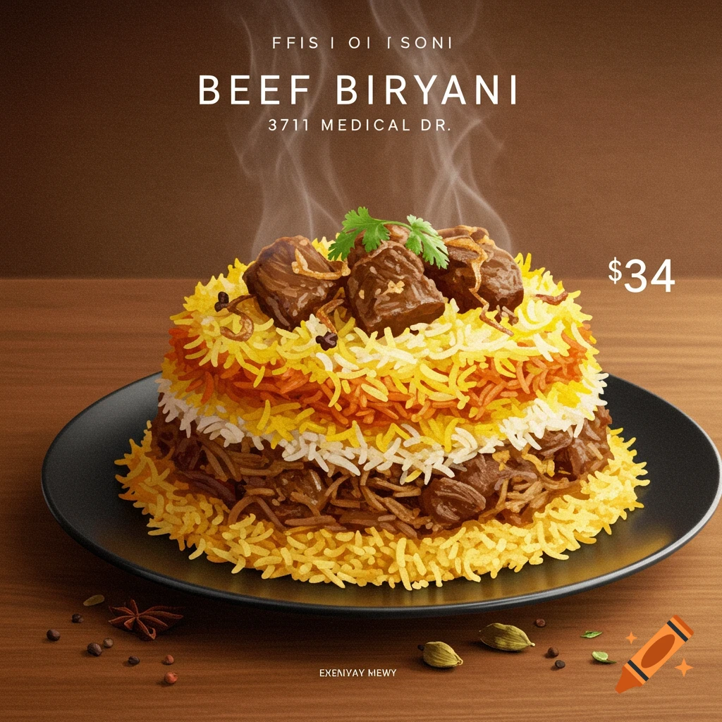 Fusion restaurant beef biryani dish with price $34 on Craiyon