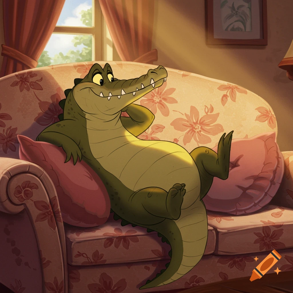 A cute, green cartoon crocodile smiles while lounging on a floral sofa ...