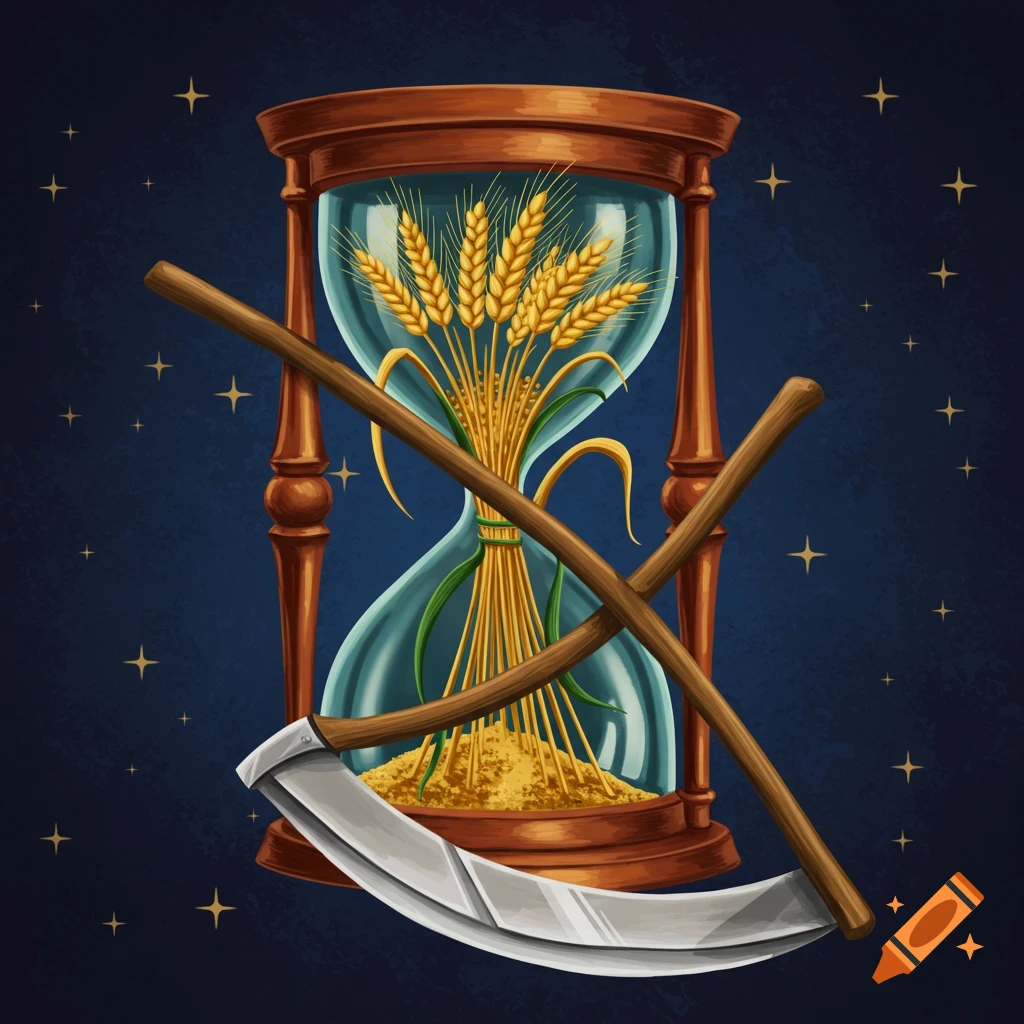 Family sigil with hourglass, grain branch, and scythe on Craiyon