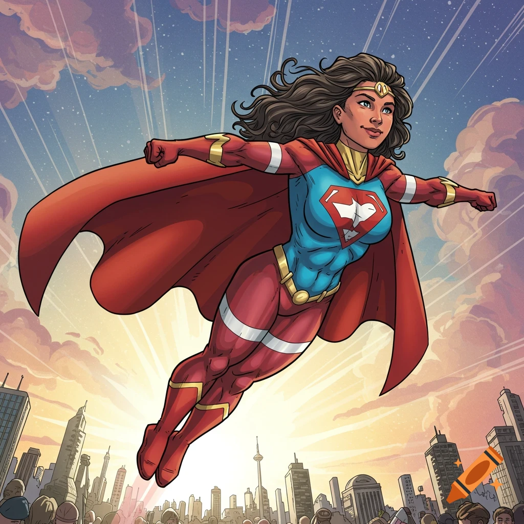 Comic Art Illustration of a Superhero in a Hijab Flying Over a ...