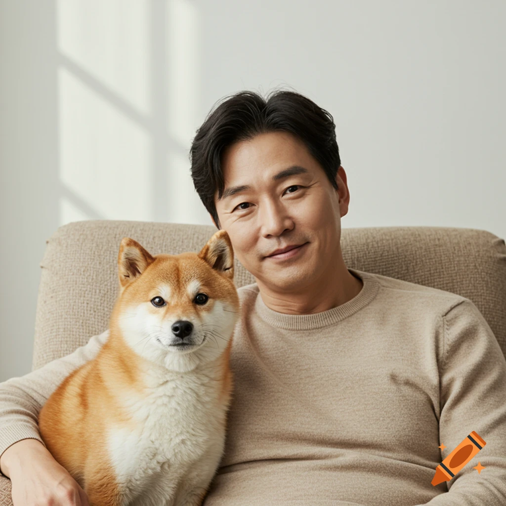 A man sits on a couch with a Shiba Inu dog resting next to him in a ...