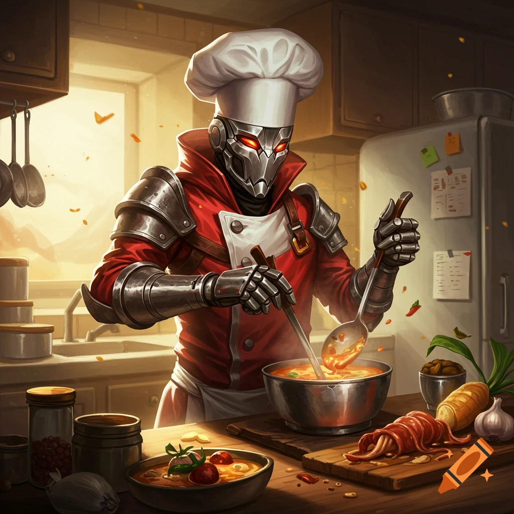 Robot chef in a kitchen stirring a pot of soup. on Craiyon