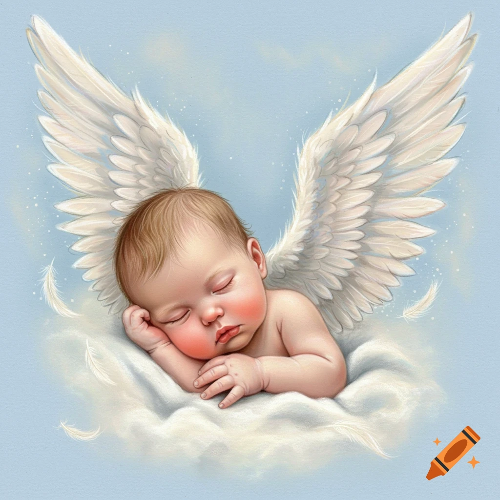Illustration of a sleeping baby angel with white wings on a cloud in a blue sky. on Craiyon