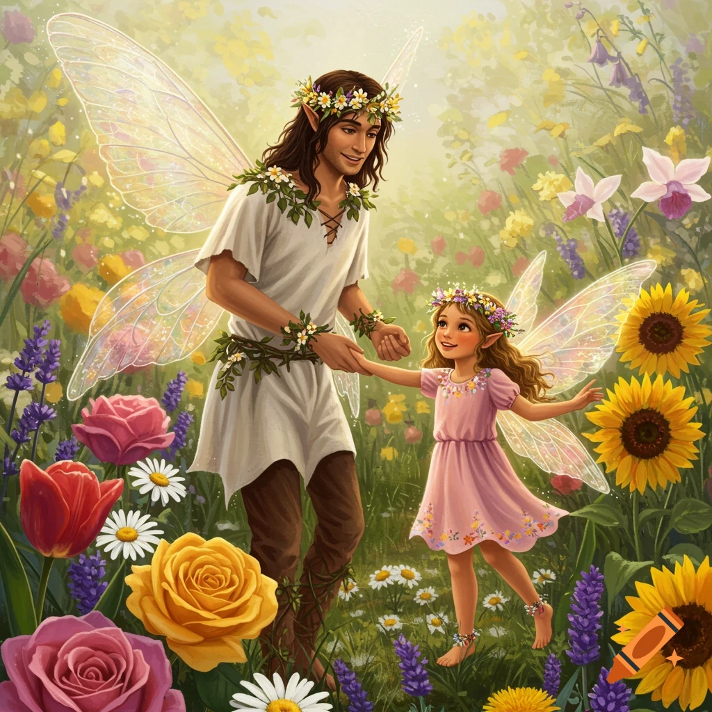 A father and daughter fairy holding hands in a flower-filled garden. on ...