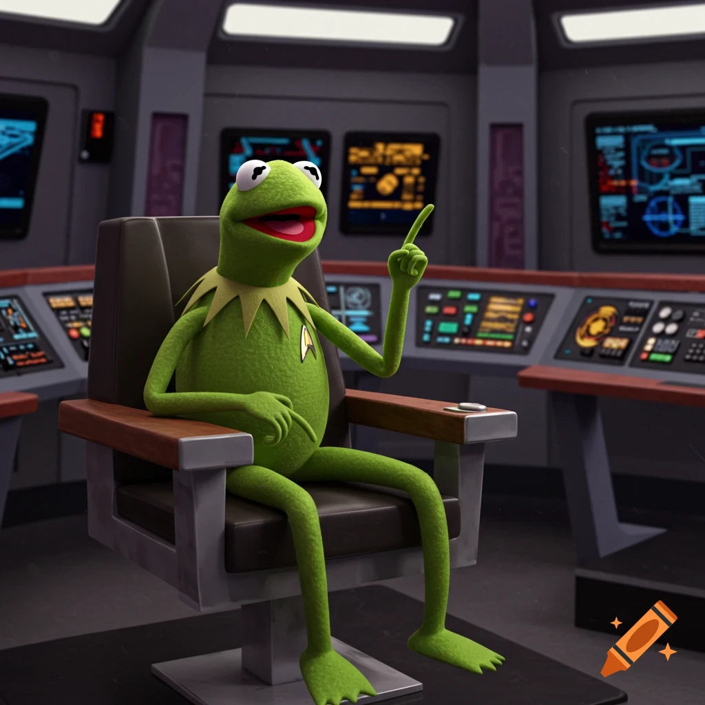 Kermit the Frog as Star Trek Captain shouting Engage on Craiyon
