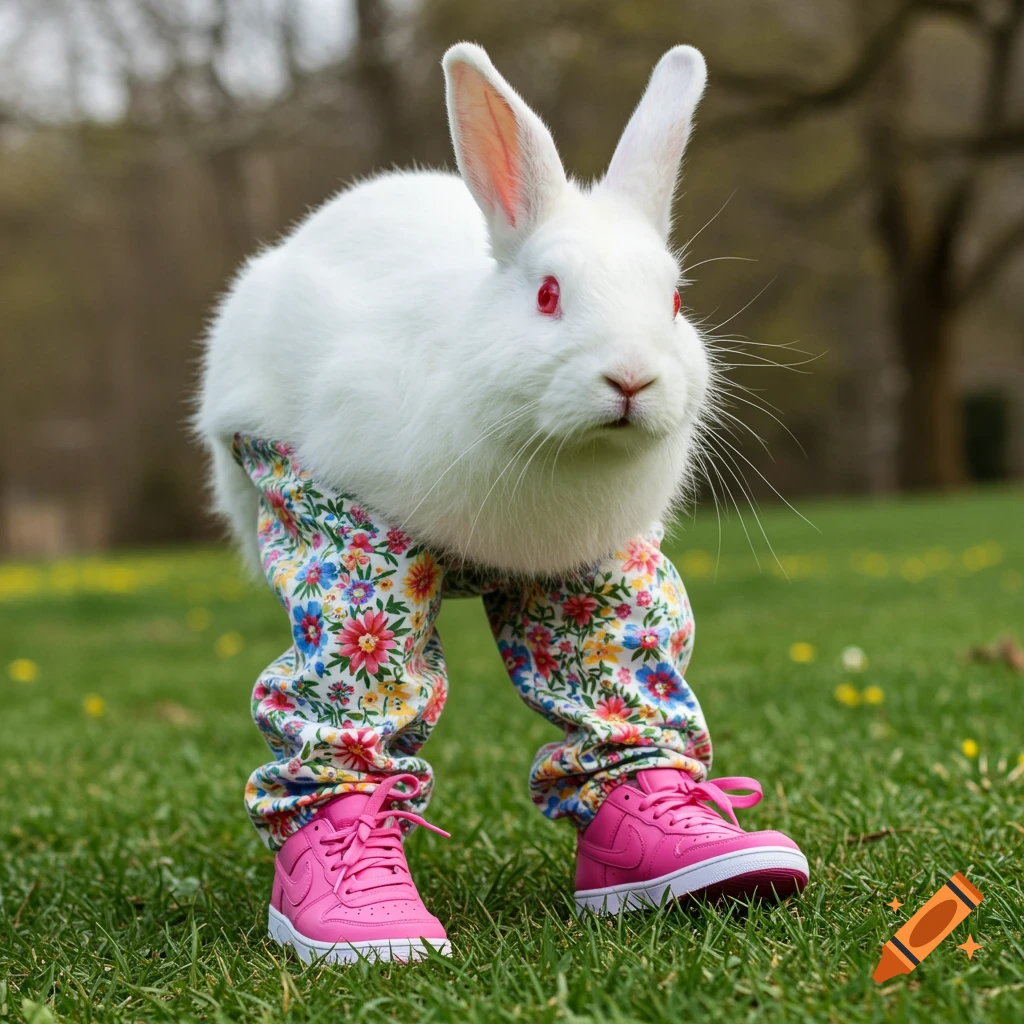 White rabbit wearing floral pants and pink sneakers standing on green ...
