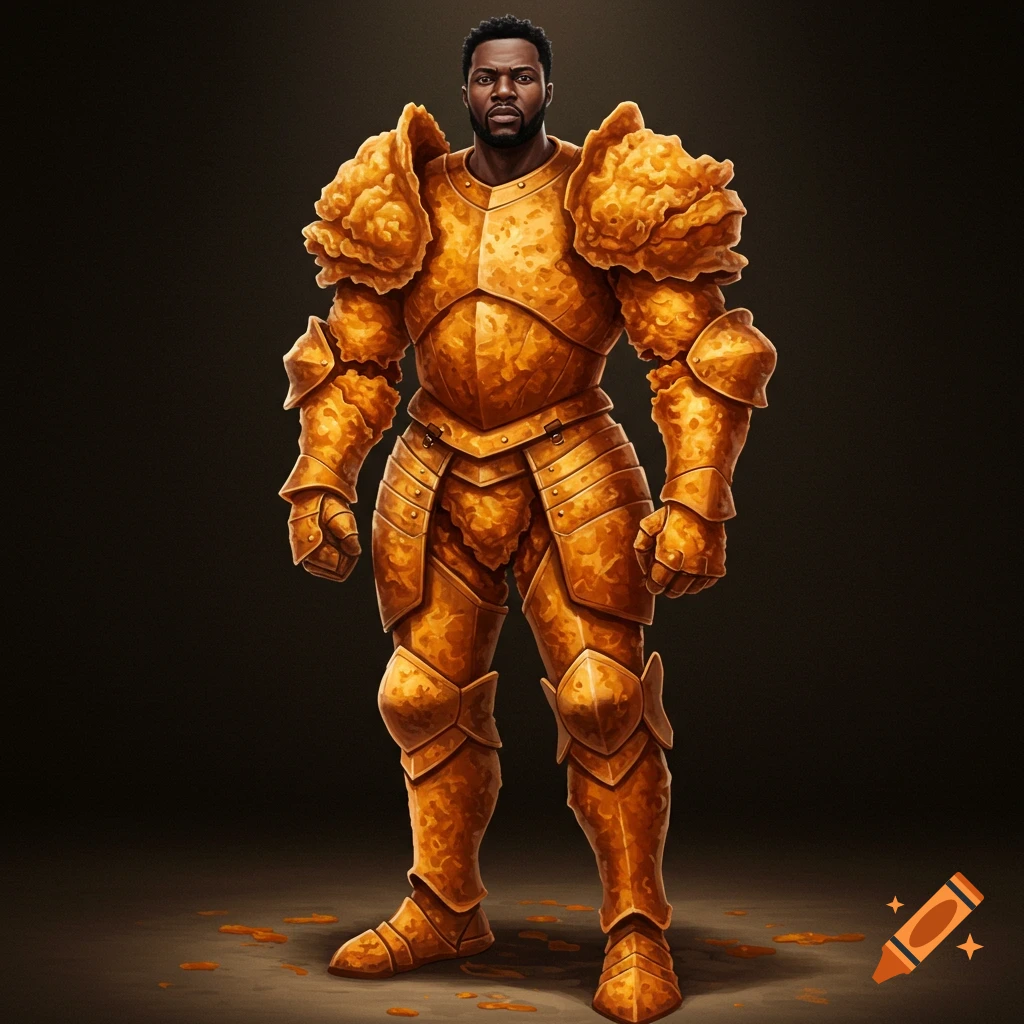A man stands wearing elaborate armor made of fried chicken. on Craiyon