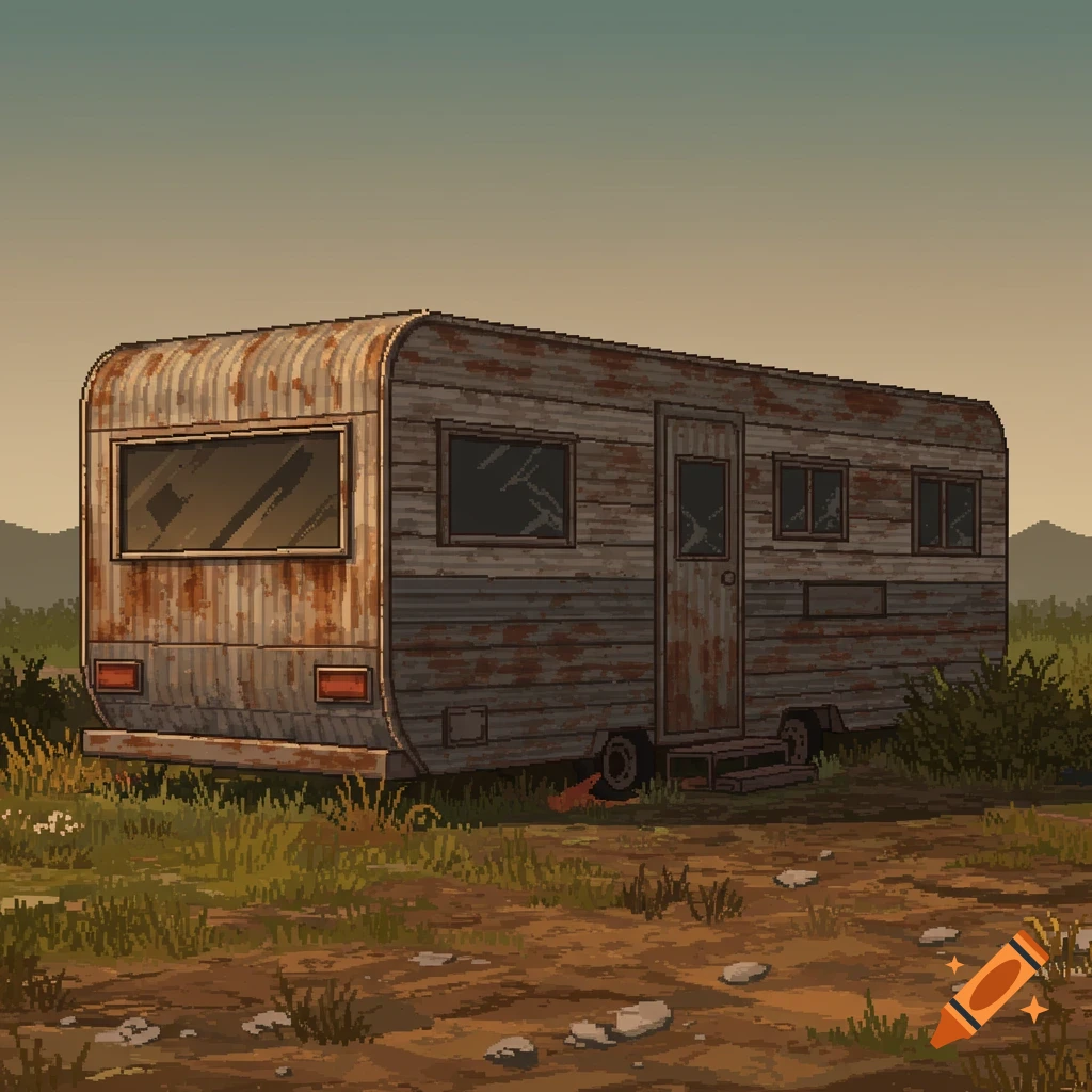 Low quality pixel art of an old, rusty trailer home on Craiyon