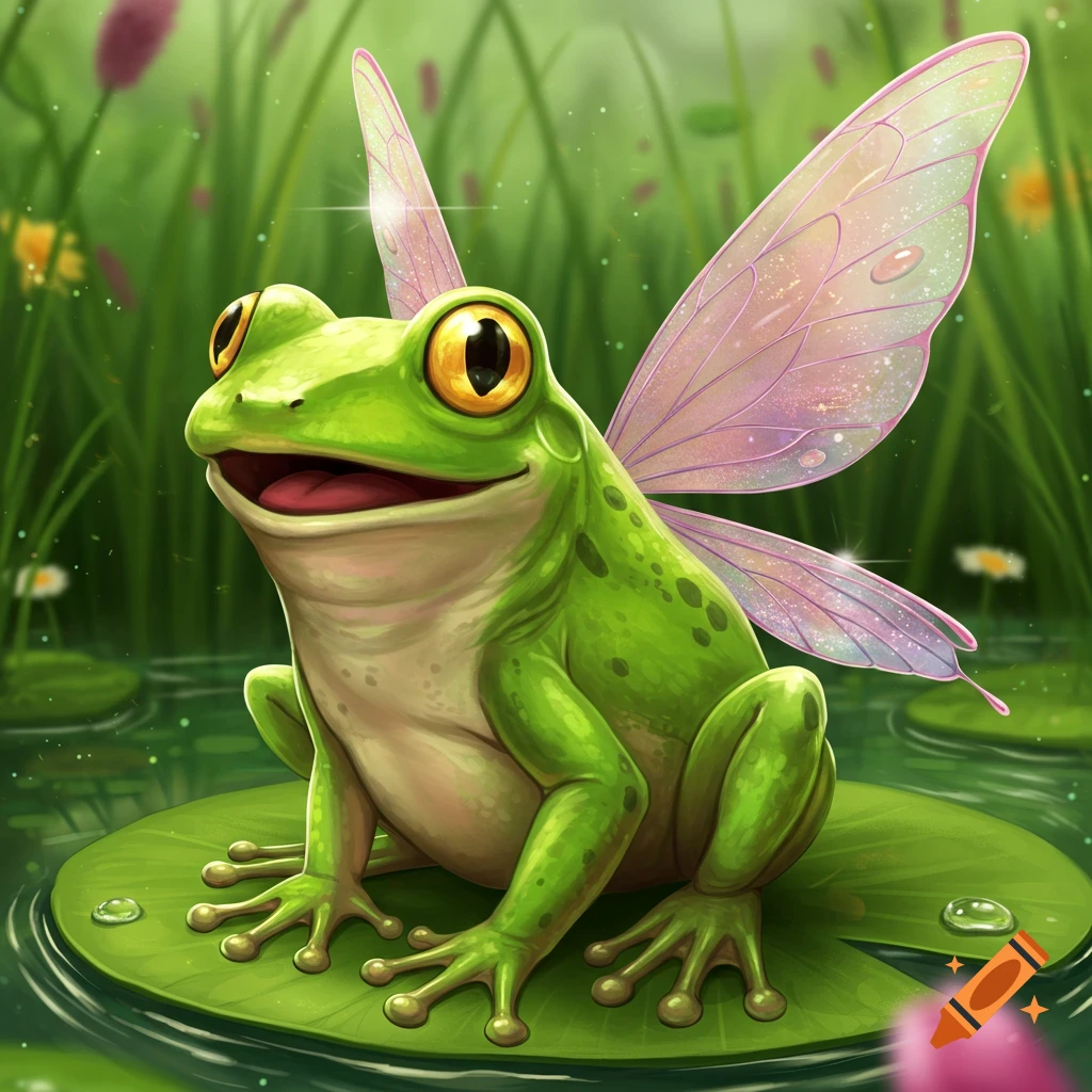 A green frog with pink fairy wings sits on a lily pad in a pond. on Craiyon
