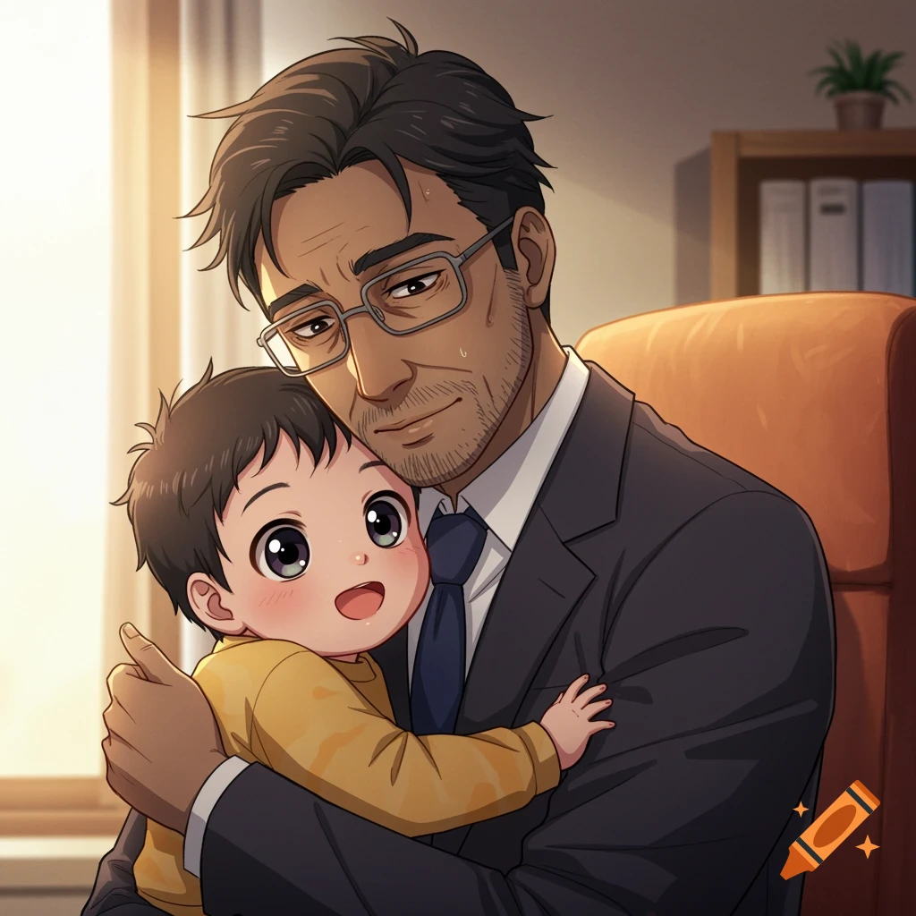 Anime illustration of a father in a suit holding a baby. on Craiyon