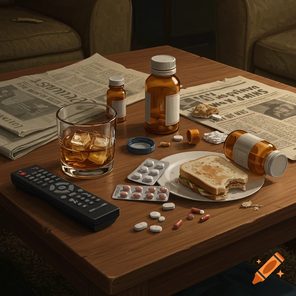 Cluttered coffee table with whiskey and pills on Craiyon