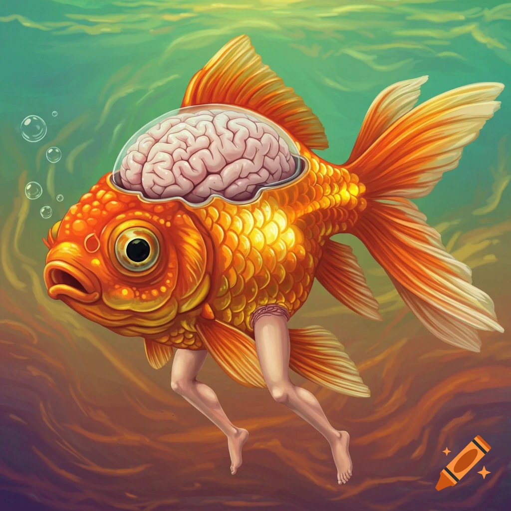 Goldfish with human legs, brainrot image concept. Hybrid creature in ...