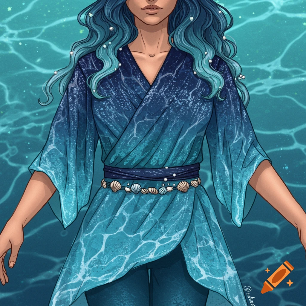Ocean-blue tunic with seashell belt and flowing sleeves. on Craiyon