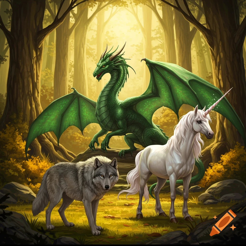 A green dragon, a white unicorn, and a grey wolf stand in a sunlit ...