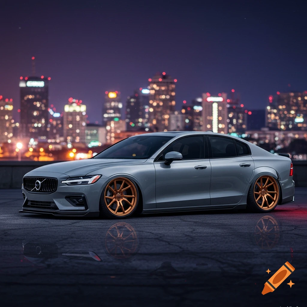 Silver Volvo S60 with bronze rims parked at night against a city ...
