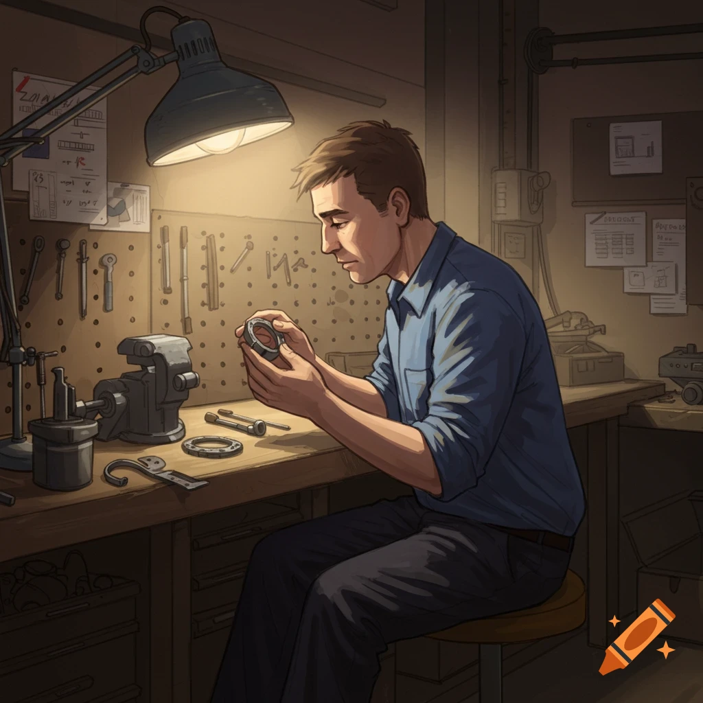 An illustration of a man working at a workbench in a workshop. on Craiyon