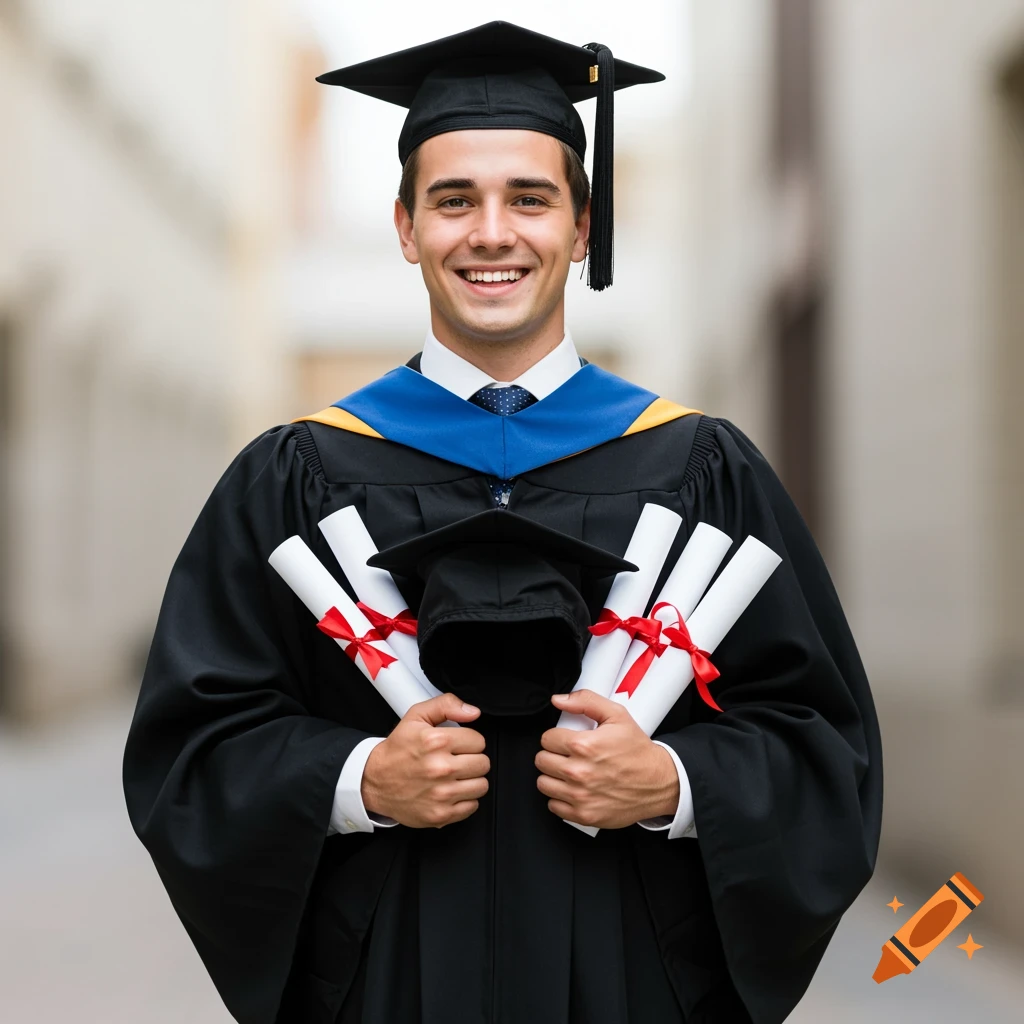 Young man in graduation gown with multiple mortarboards stacked on his ...