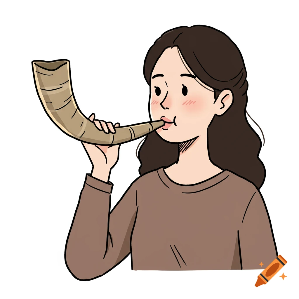 Sketch of a woman blowing a shofar on Craiyon