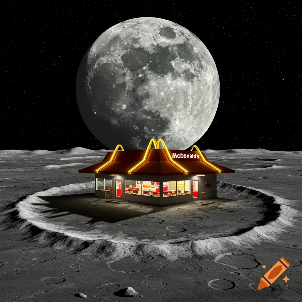 A McDonald's restaurant sits on the grey, cratered surface of the moon under a large full moon ...