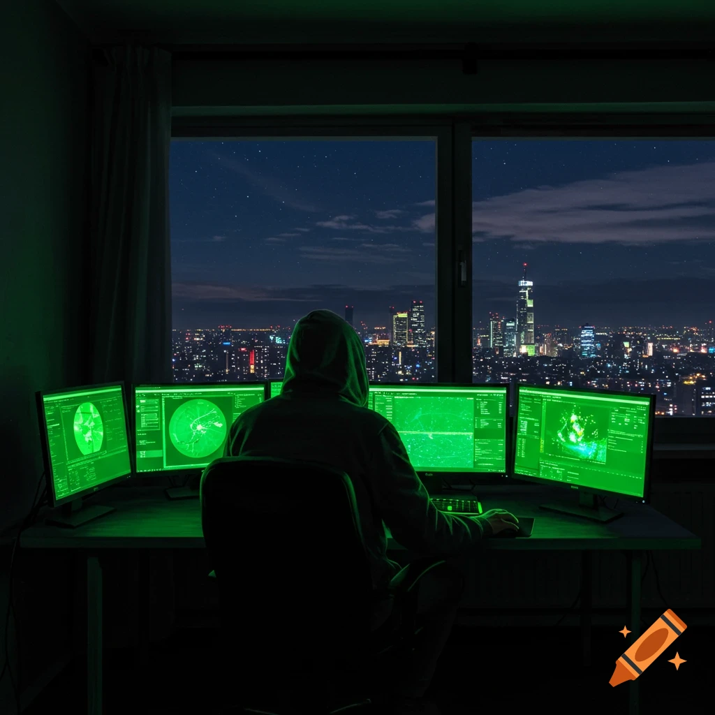 Hoodie figure at desk with glowing computer screens and city night view ...