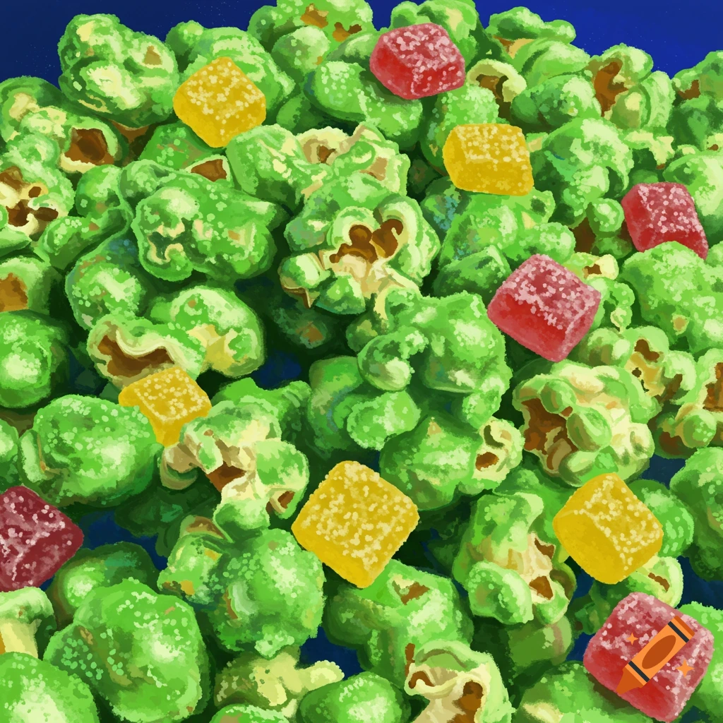 Popcorn with sour powder and Gushers candy on Craiyon