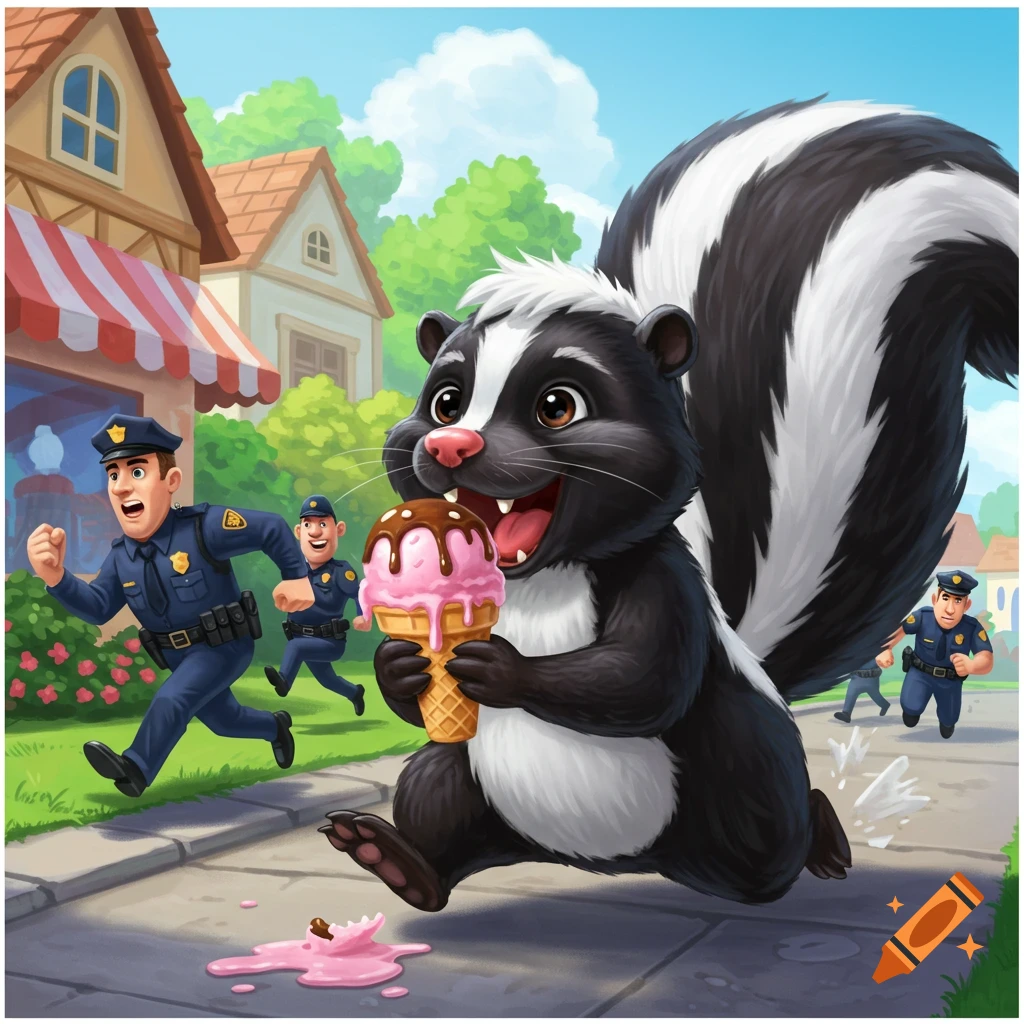 Cartoon skunk runs with ice cream, chased by police officers. on Craiyon
