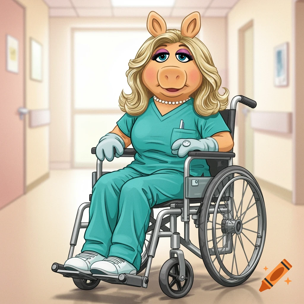 Miss Piggy in teal scrubs in wheelchair on Craiyon