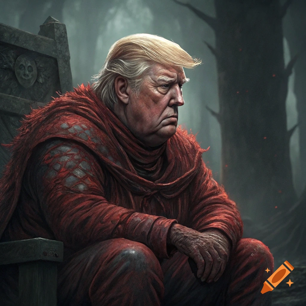 Trump as Dung Eater from Elden Ring, red tracing on Craiyon