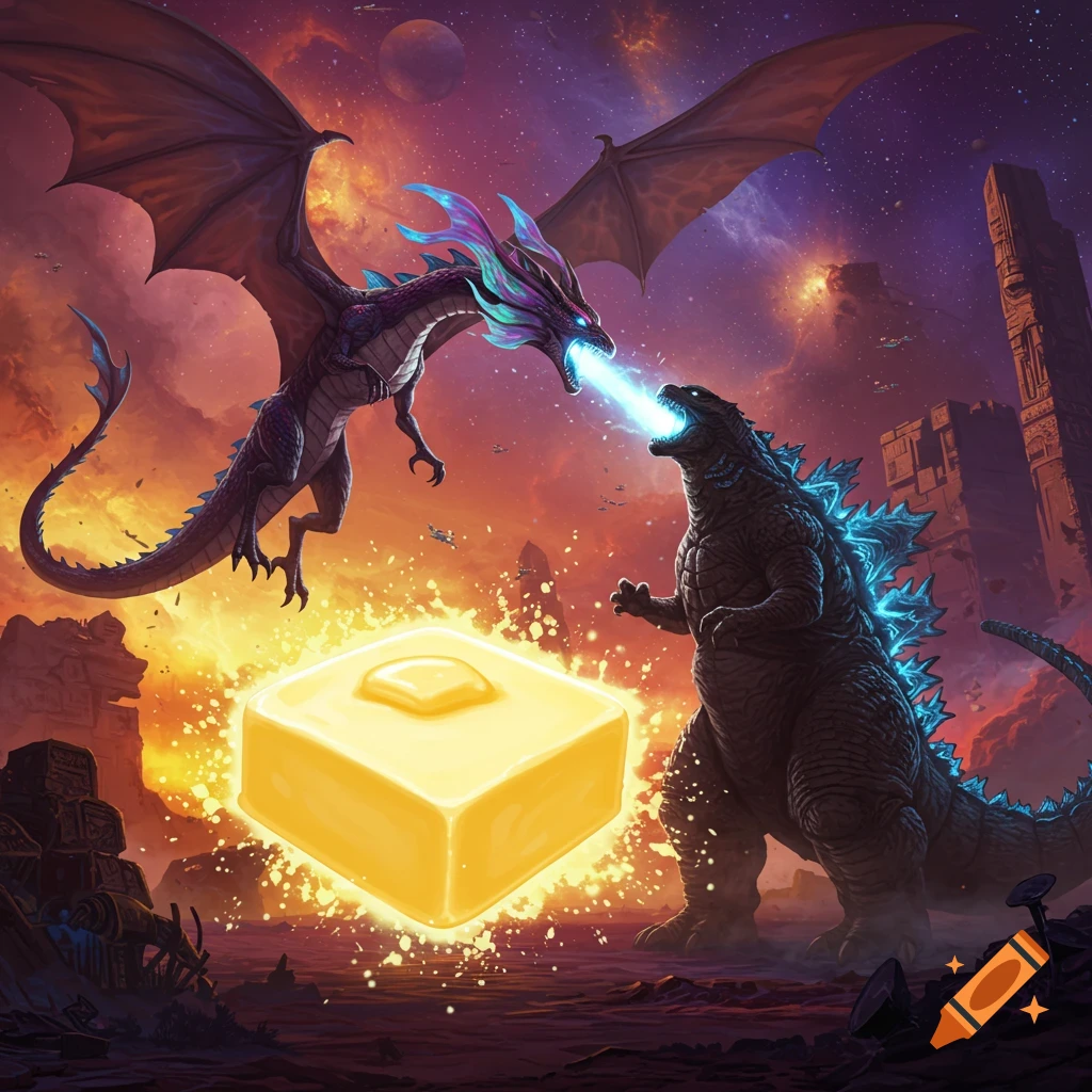 A dragon and Godzilla fight over a giant butter cube in a cosmic ...