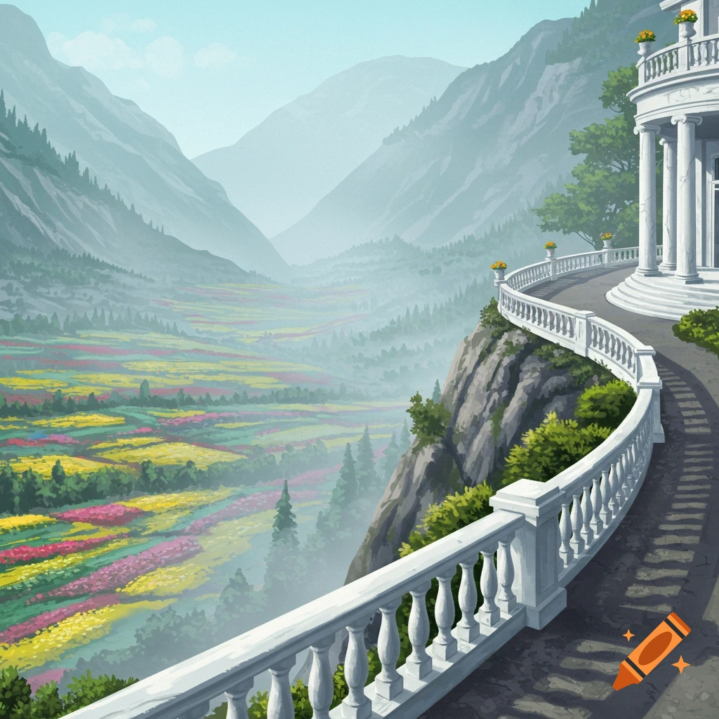 White mansion on misty mountain with colorful flower valley on Craiyon