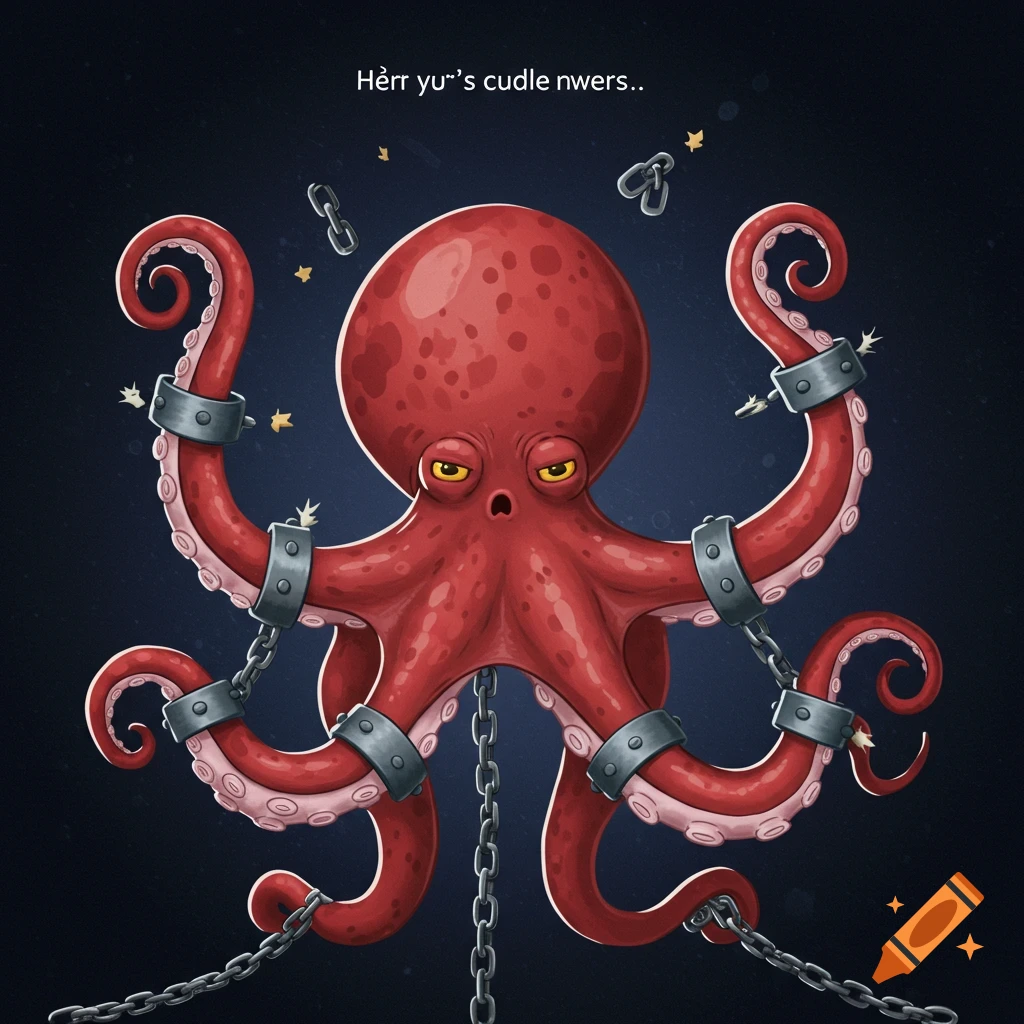 Cartoon octopus dramatically breaking free from chains on Craiyon